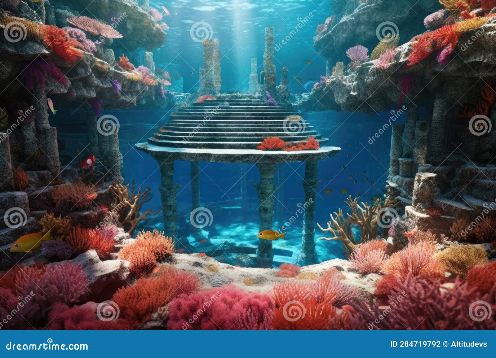 Sunken Amphitheater Surrounded by Vibrant Coral Reef Stock Illustration ...