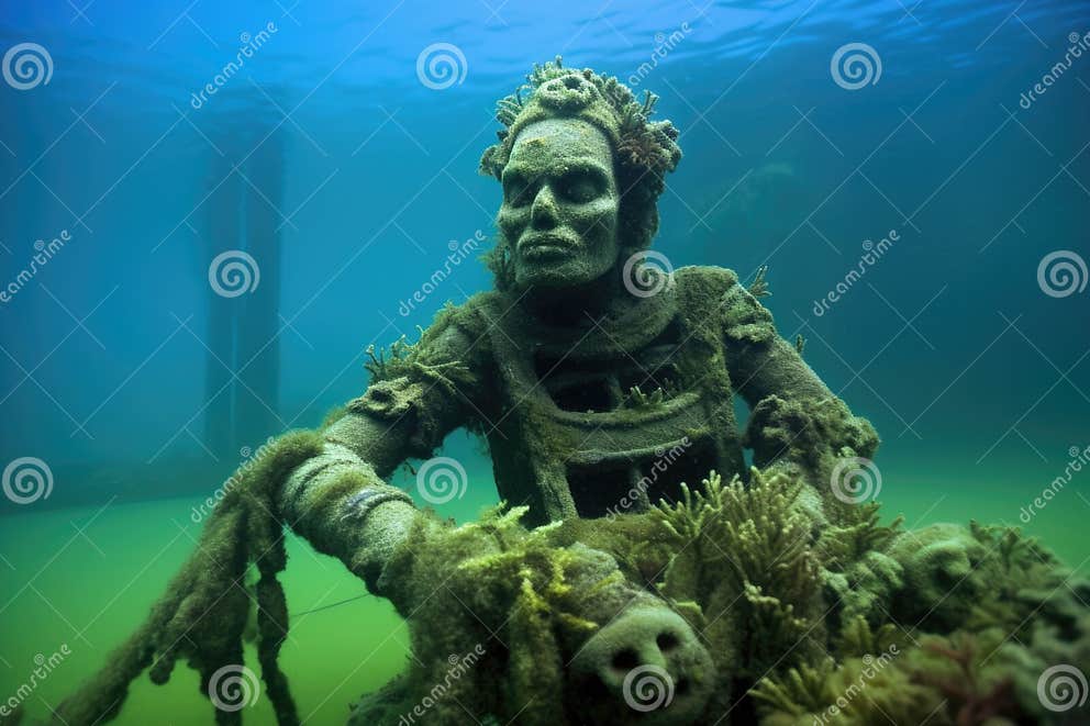 Sunken Ancient Statue Covered in Algae and Coral Stock Illustration ...