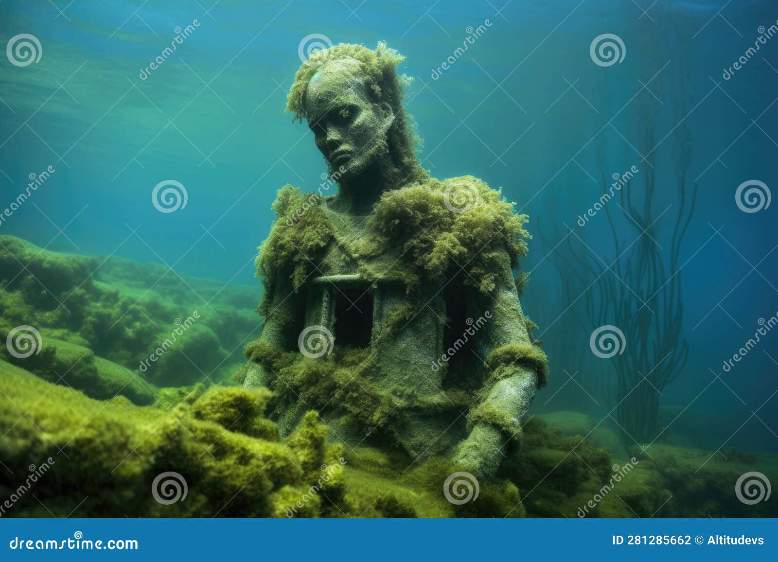 Sunken Ancient Statue Covered in Algae and Coral Stock Photo - Image of ...