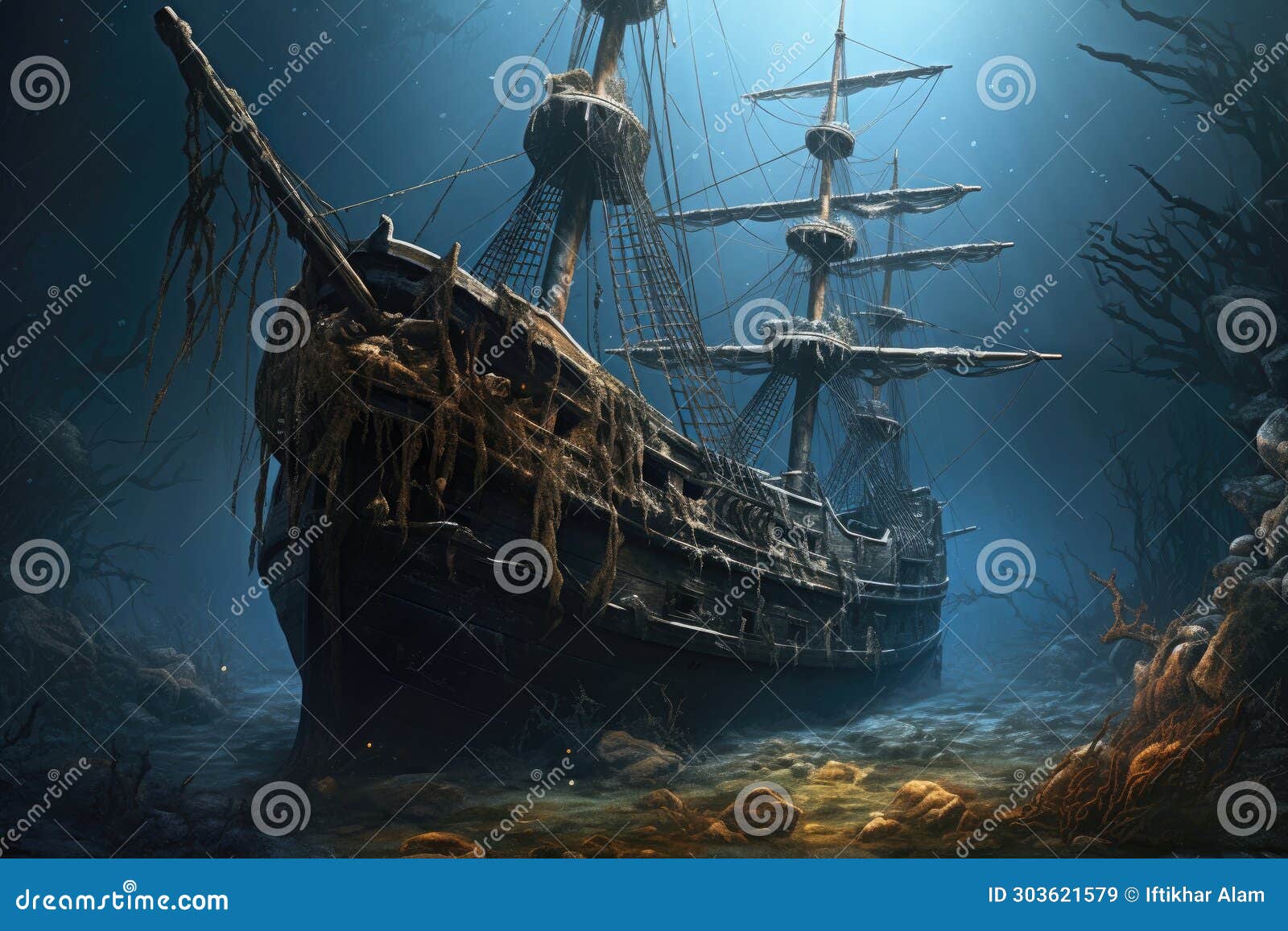 Sunken Pirate Ship in the Deep Blue Sea. 3d Rendering, Sunken Tall Ship ...