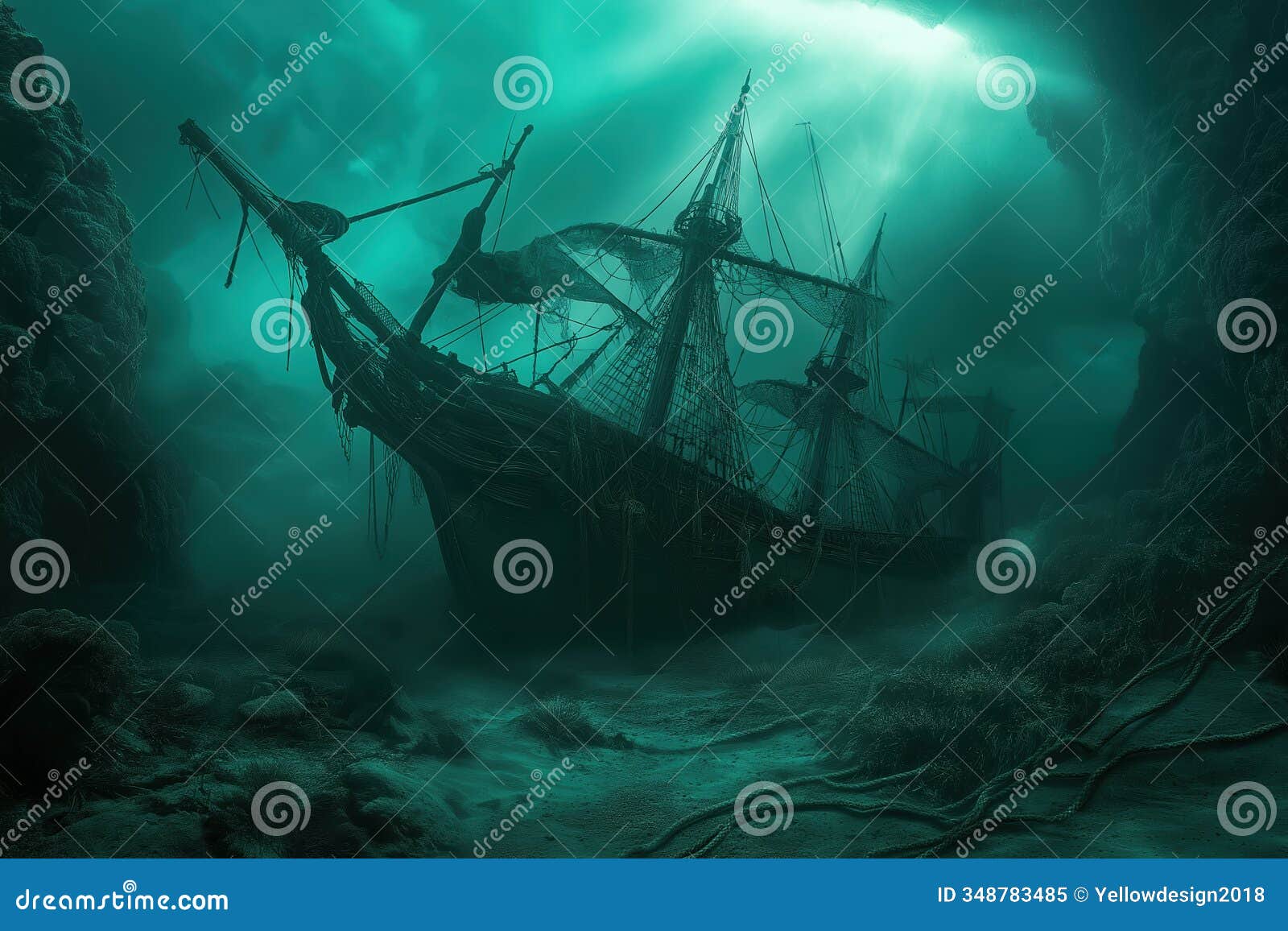 Sunken Pirate Ship Surrounded by Eerie Underwater Landscape Stock Image ...