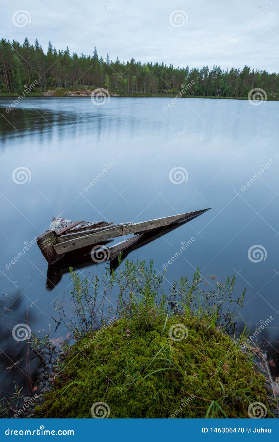 Sunken Rowboat Abandoned in Small Forest Lake Stock Photo - Image of ...