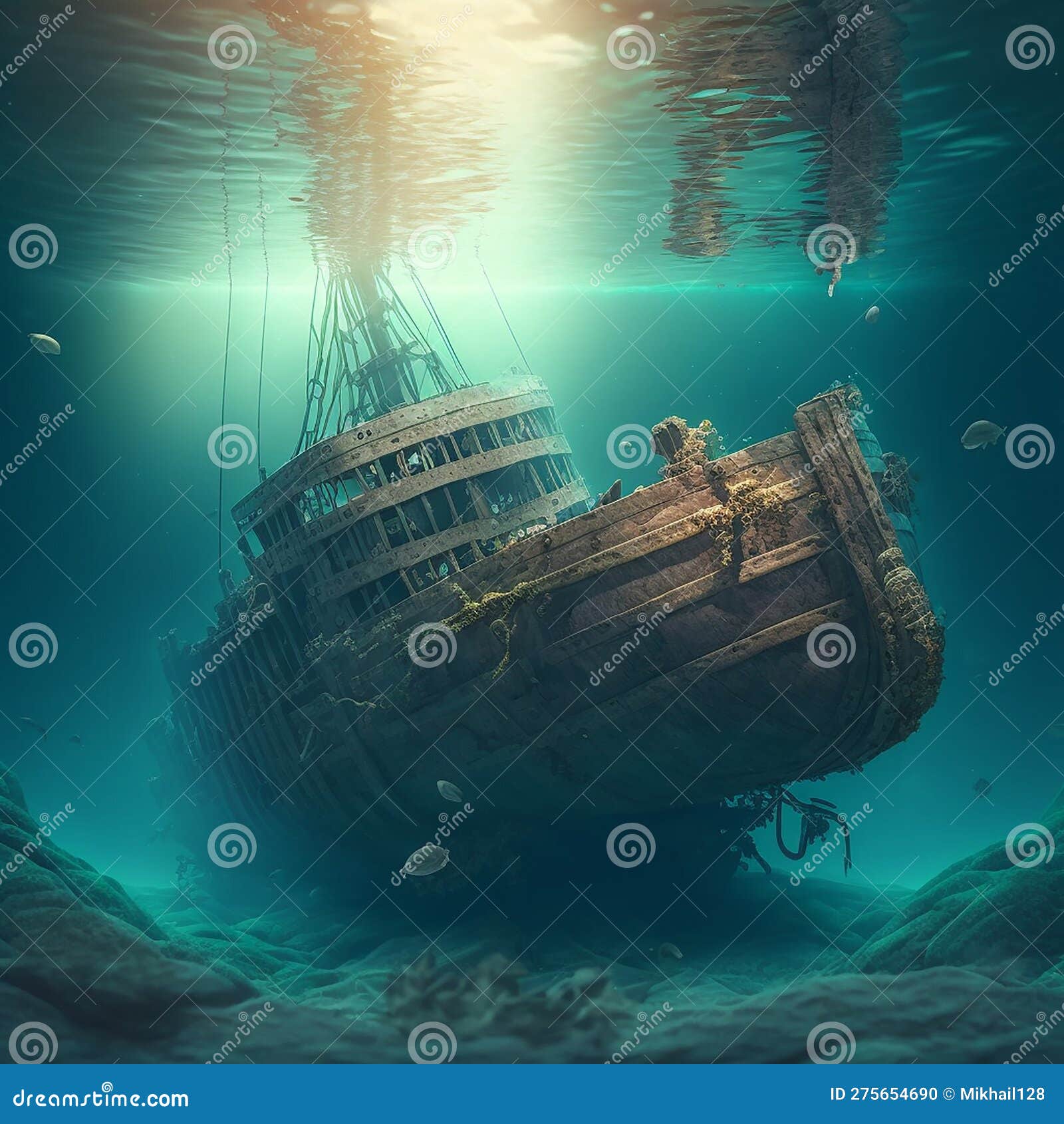 A Sunken Ship in the Blue Ocean. Stock Illustration - Illustration of ...