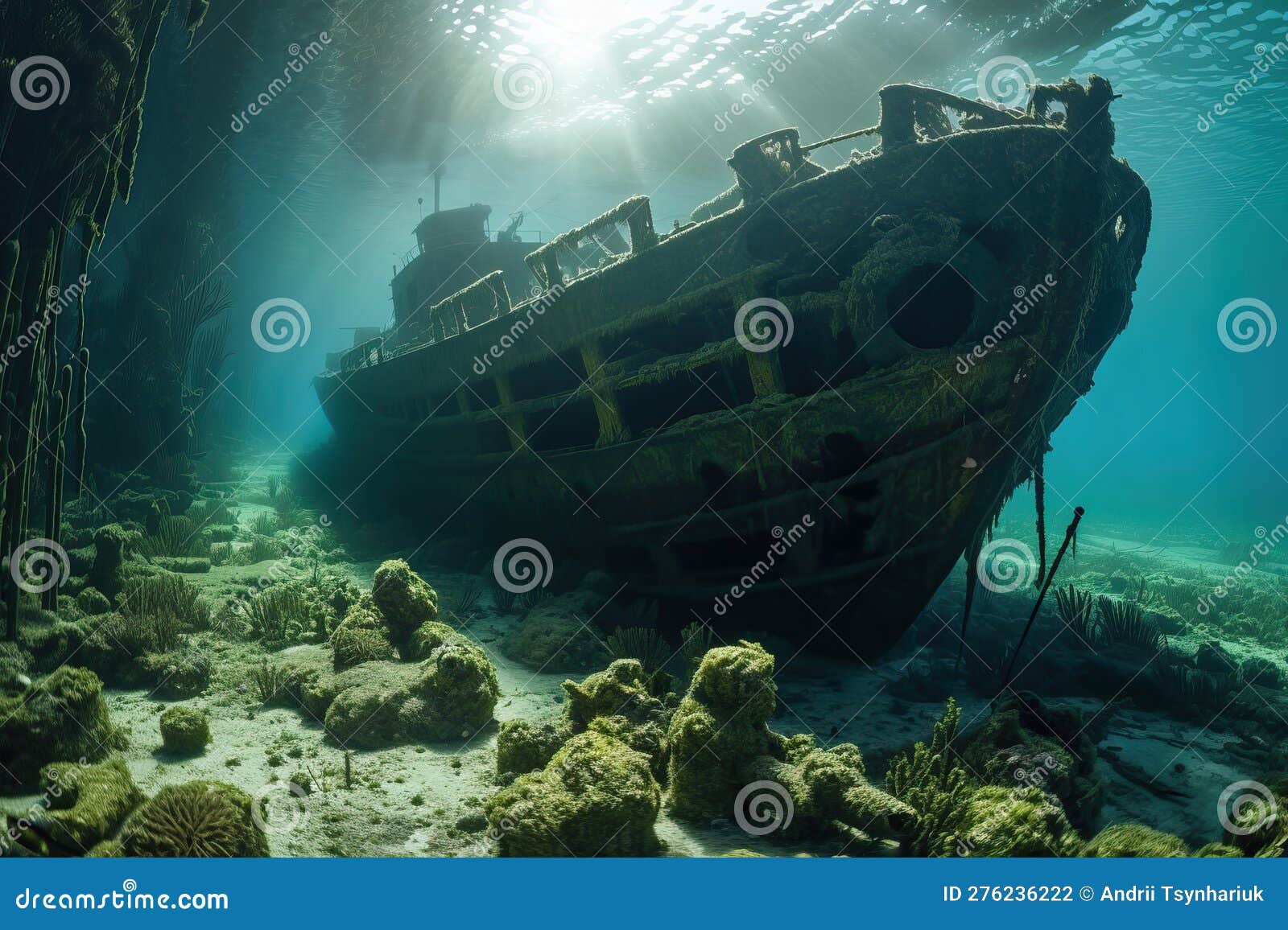 A Sunken Ship Under Water is Covered with Rust and Algae, Generative AI ...