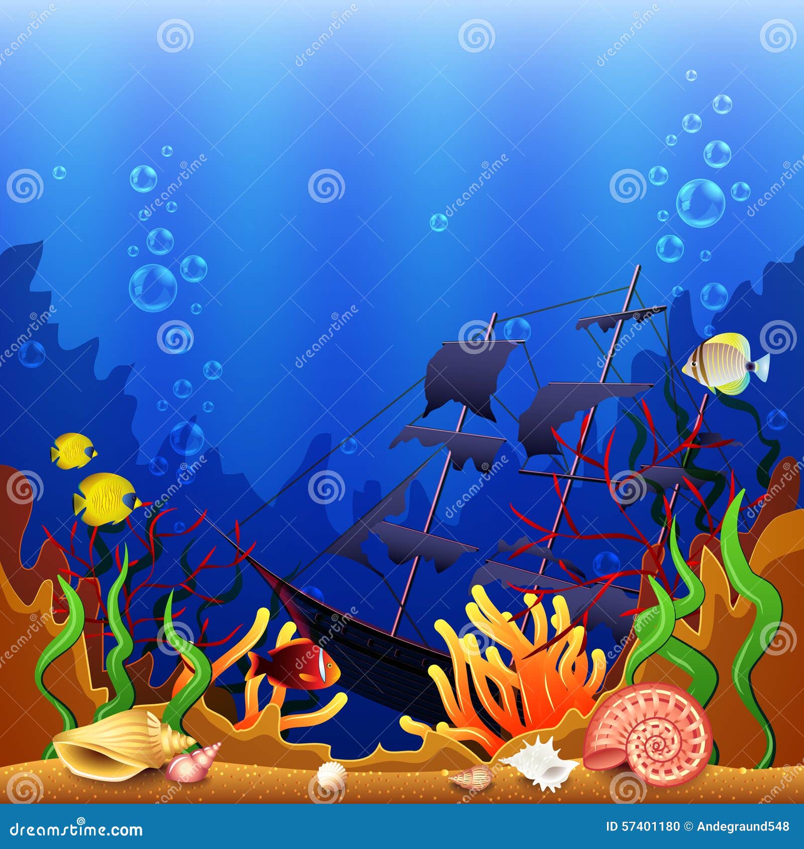 Sunken Ship Underwater Background Vector Stock Vector - Illustration of ...