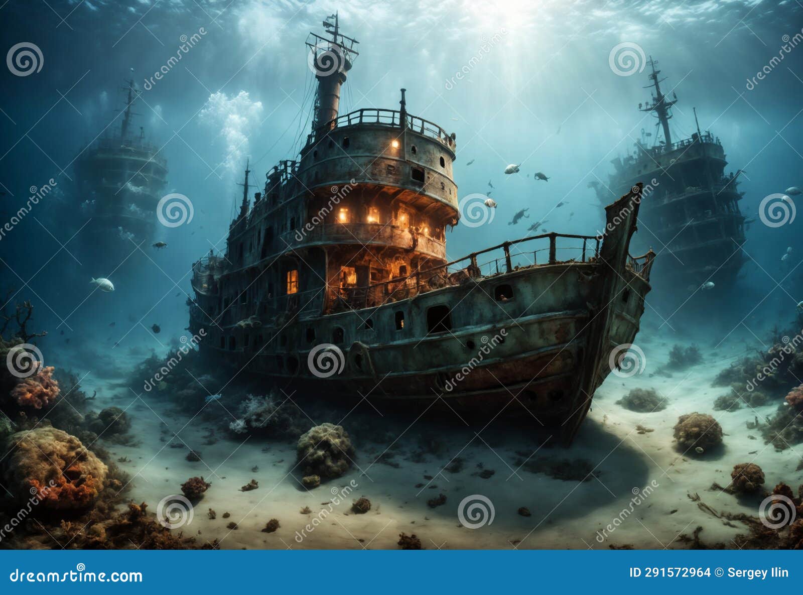 Sunken Ships Set. Sunken Ships Lie On The Water Surface And On The Sand ...