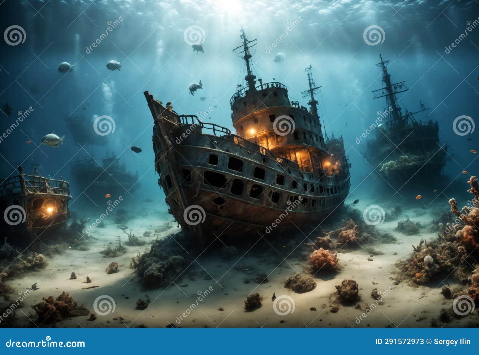 Sunken Ships Set. Sunken Ships Lie On The Water Surface And On The Sand ...