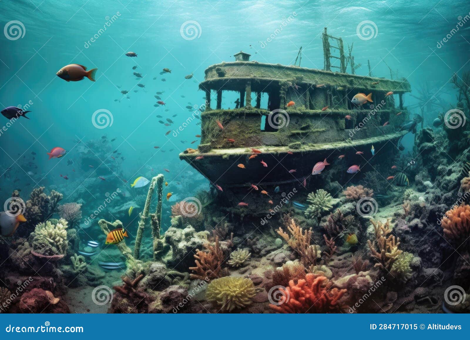Sunken Shipwreck Covered in Coral Reef Stock Illustration ...