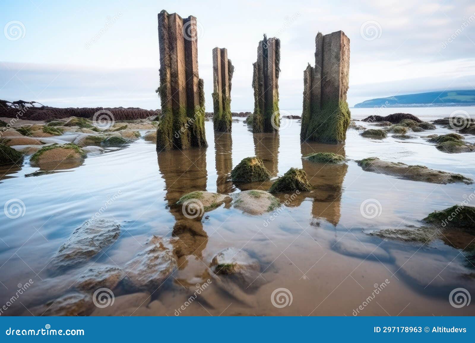 Sunken Stone Pillars in a River Captured during Low Tide Stock Image ...