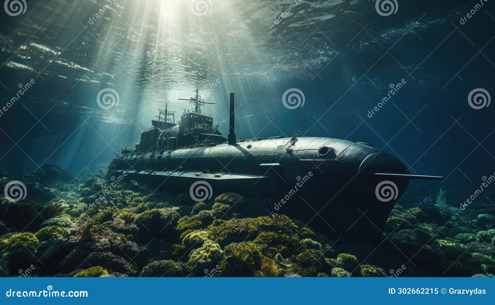 Sunken Submarine at the Bottom of the Ocean. Destroyed Submarine Under ...