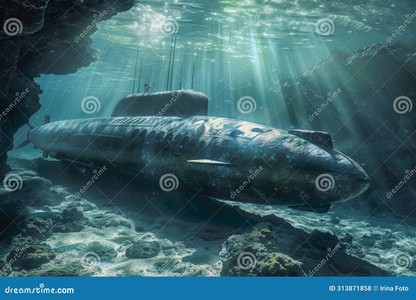 Sunken Submarine in Underwater Cave Scenery. Stock Photo - Image of ...