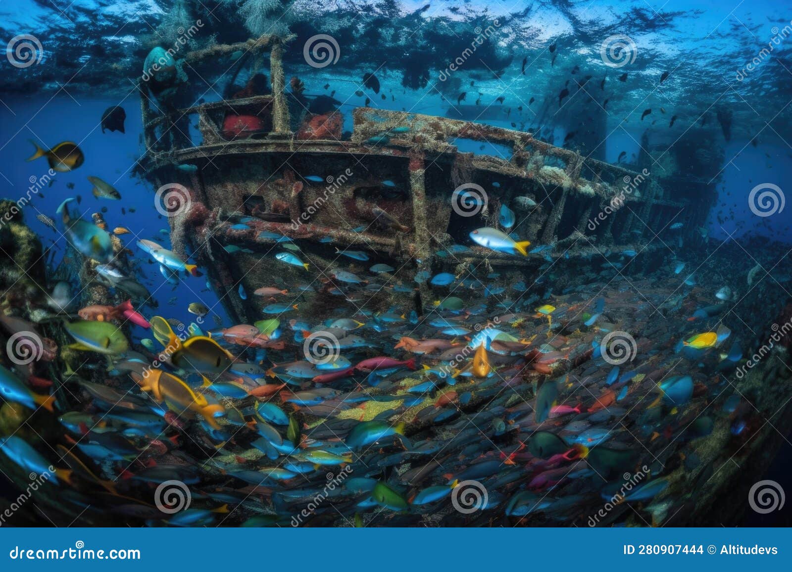 Sunken Treasure Surrounded by Schools of Colorful Fish Stock ...