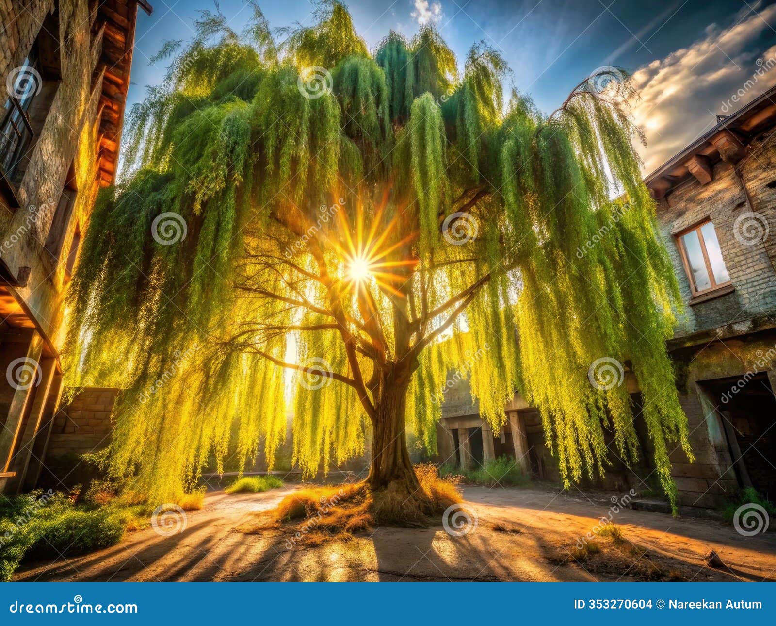 SunKissed Serenity Abandoned Urban Structure Framed by a Weeping Willow ...