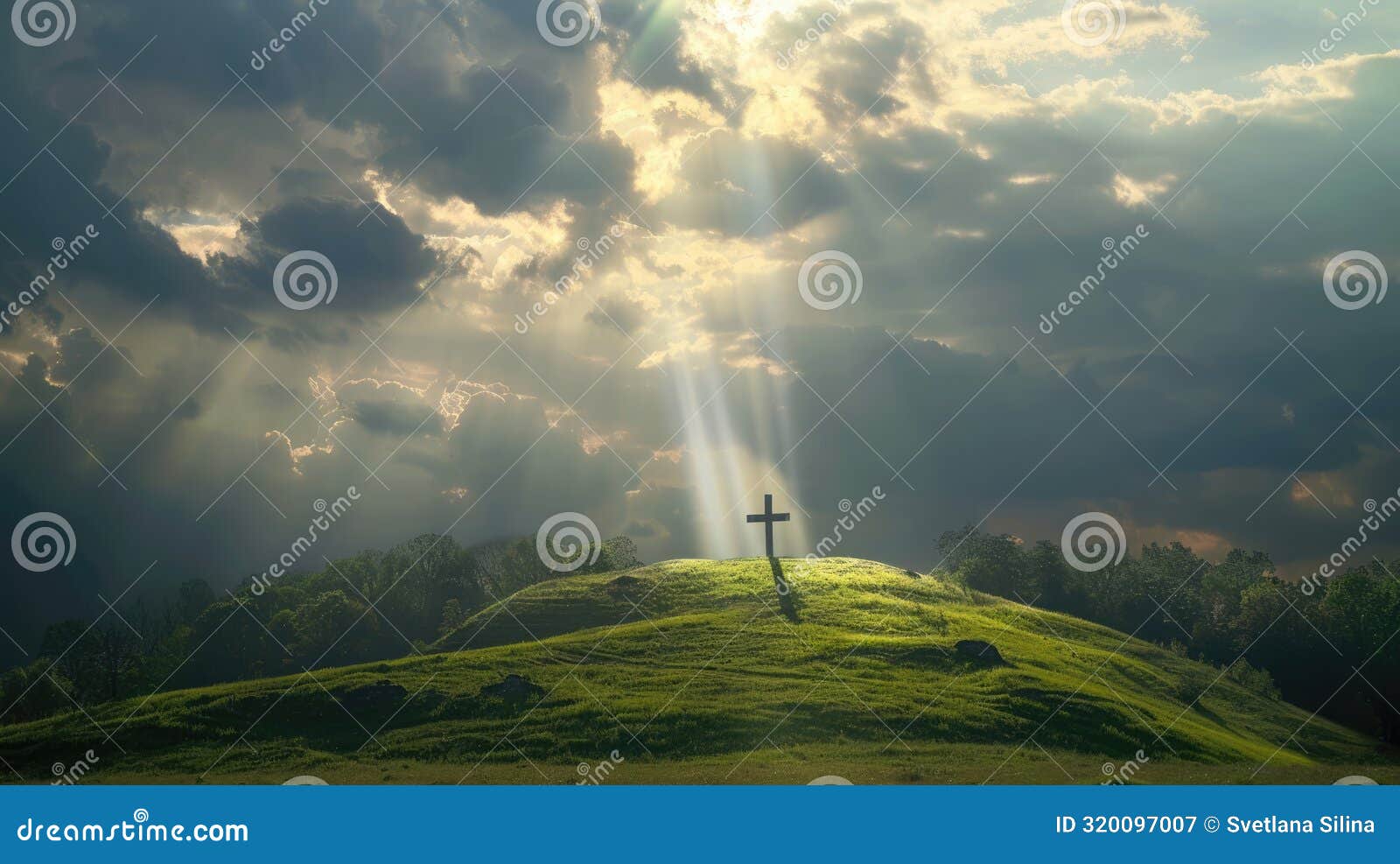 Sunlight Beam Breaking through Clouds, Illuminating a Cross on a Hill ...