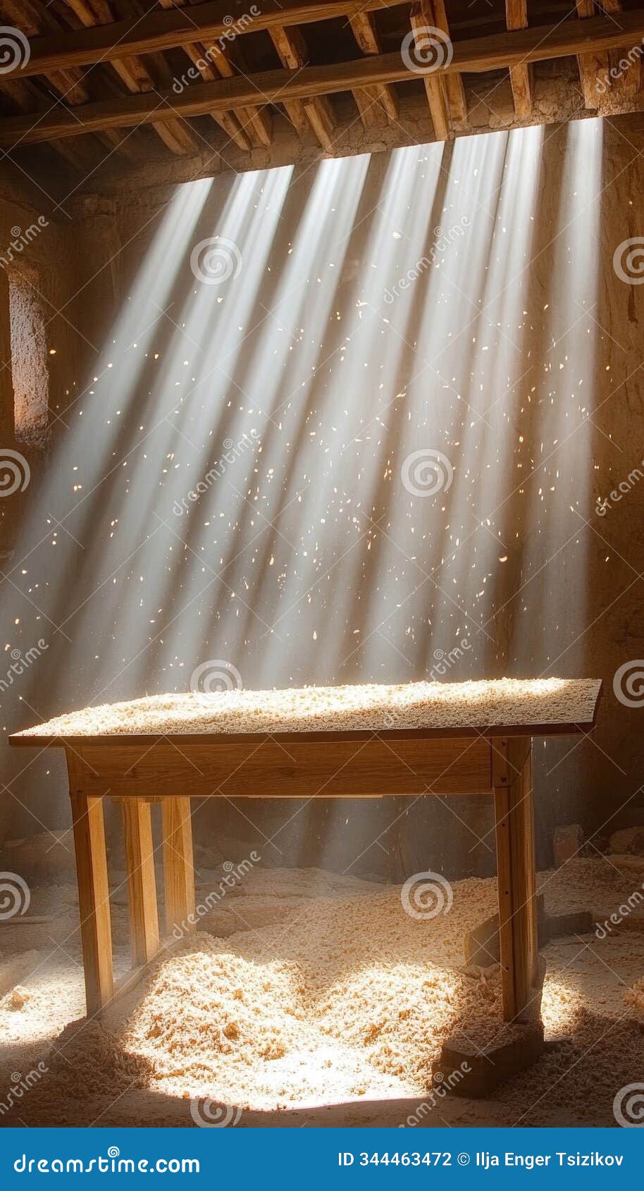 Sunlight Beams through Ceiling of Old Barn, Illuminating Dusty Table ...