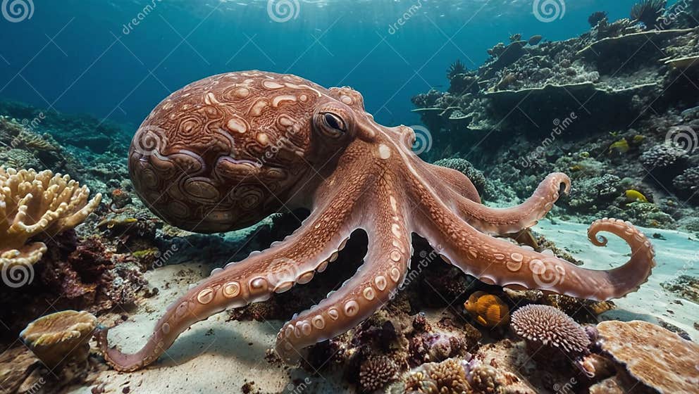 Sunlight Beams Revealing Hidden Octopus among Coral Stock Illustration ...
