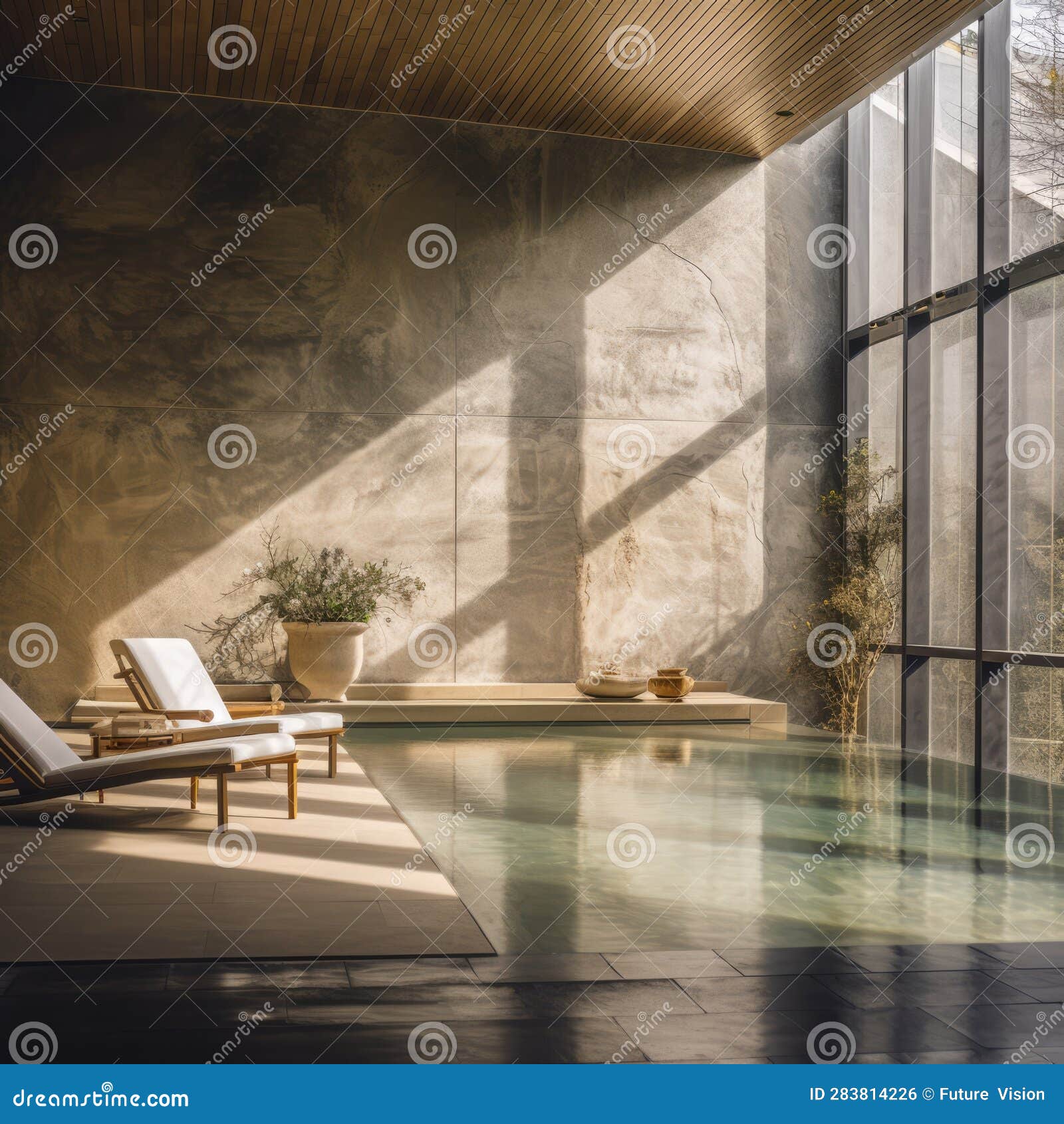 Sunlight On Chairs And Relaxation Pool At Modern Health Spa, Created ...