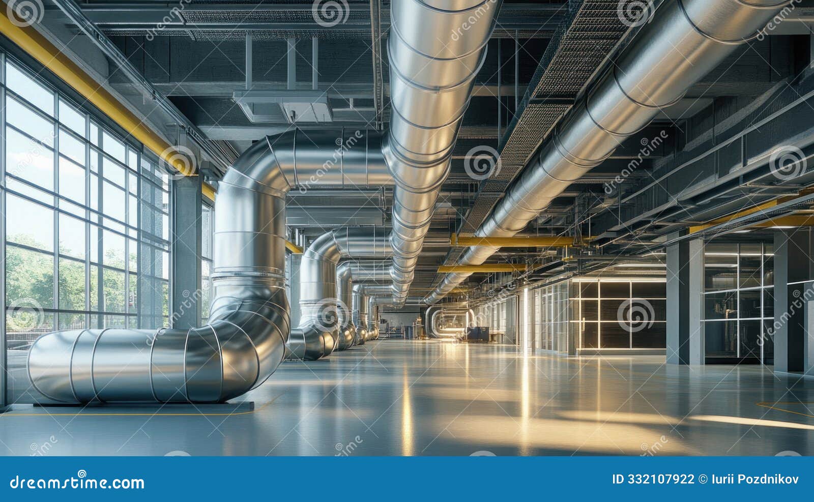 Sunlight Entering Large Empty Industrial Hall with Ventilation System ...