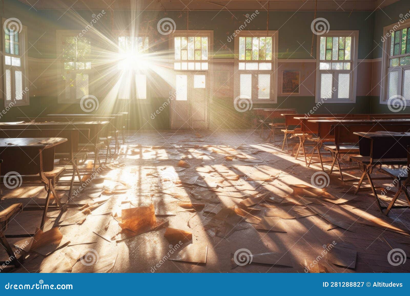 Sunlight Filtering through Shattered Glass in a Ghostly School Stock ...