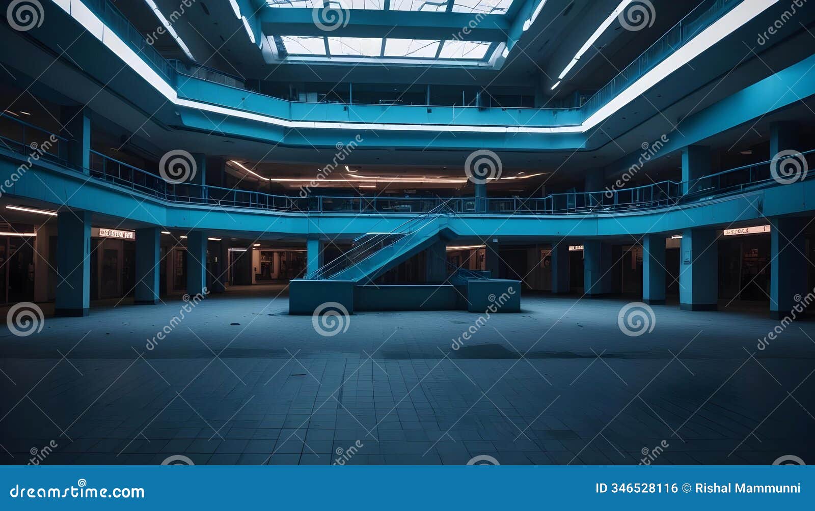 A Deserted Mall Corridor with Fallen Ceiling Panels and Cracked Tiles ...