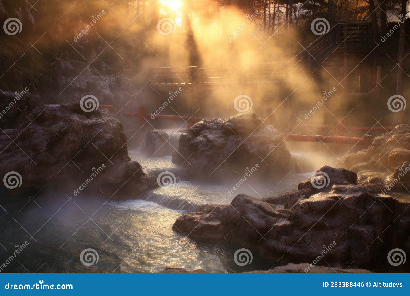 Sunlight Filtering through Steam of Hot Spring Stock Photo - Image of ...