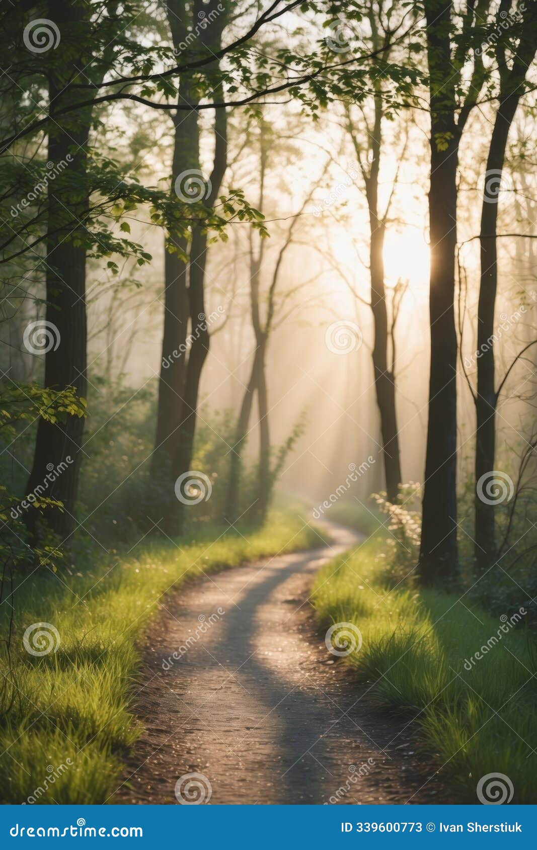 Sunlight Filtering through Trees on a Peaceful Forest Path at Dawn ...