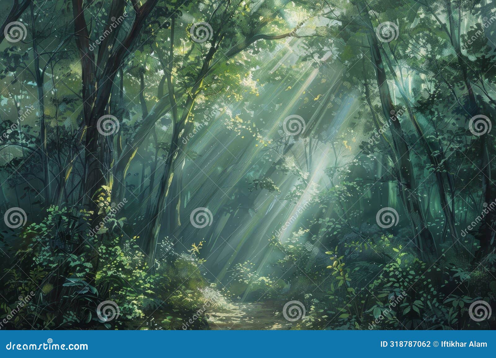 Sunlight Filters through Dense Forest Creating Dappled Patterns on the ...
