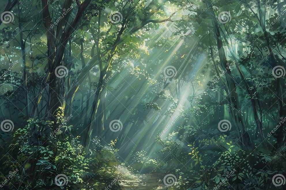 Sunlight Filters through Dense Forest Creating Dappled Patterns on the ...