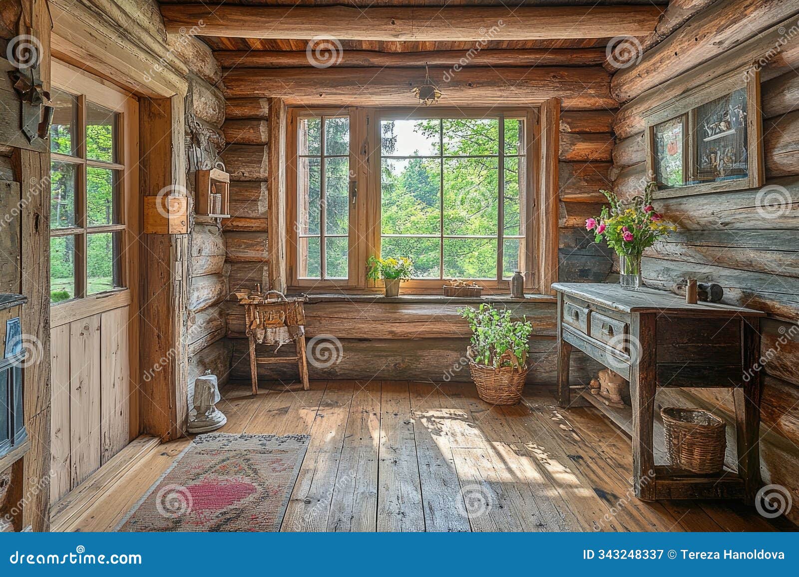 Sunlight Flooding through Window of Rustic Log Cabin Stock Illustration ...