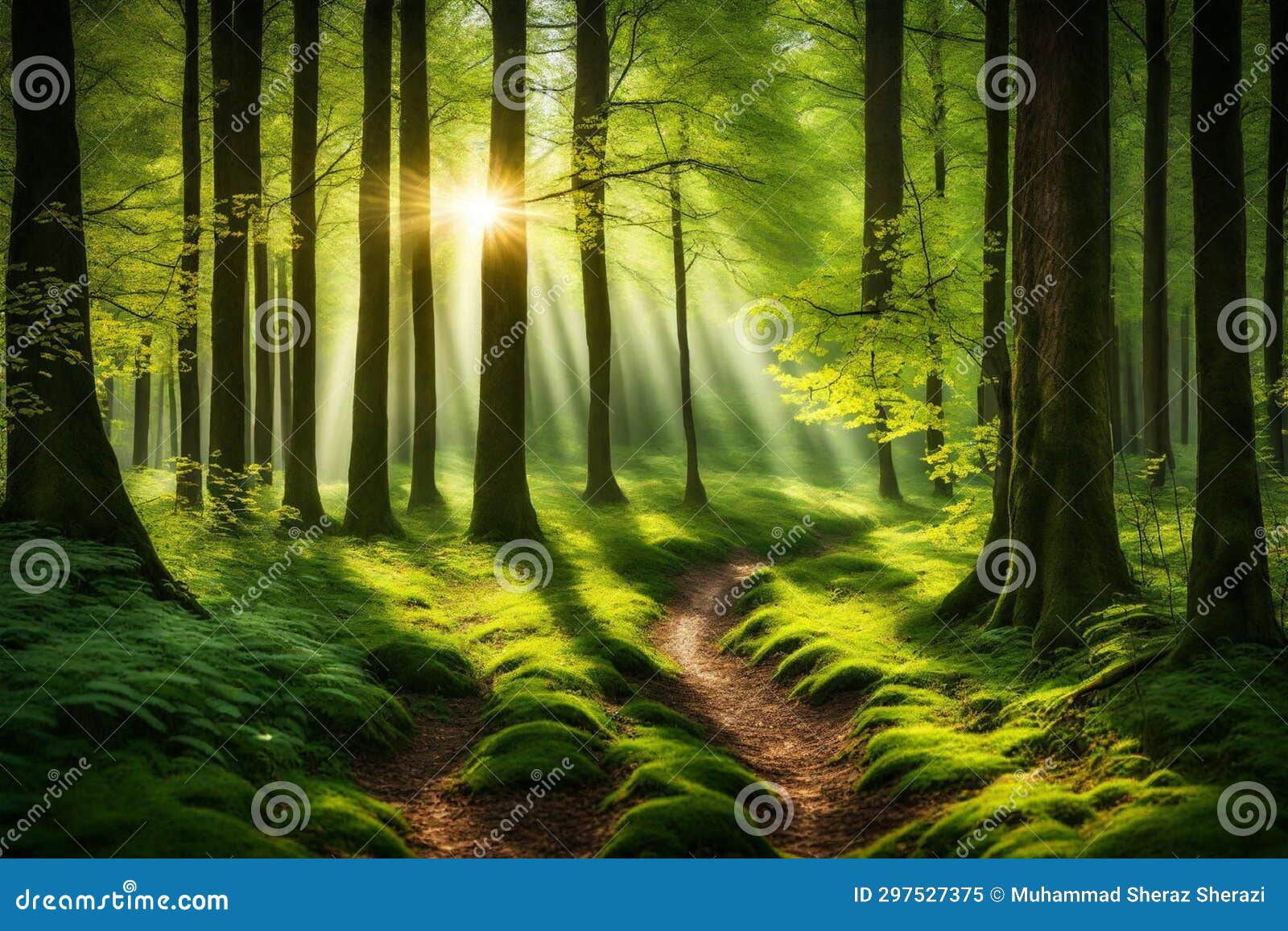 Sunlight in the Green Forest, Spring Time. Stock Illustration ...