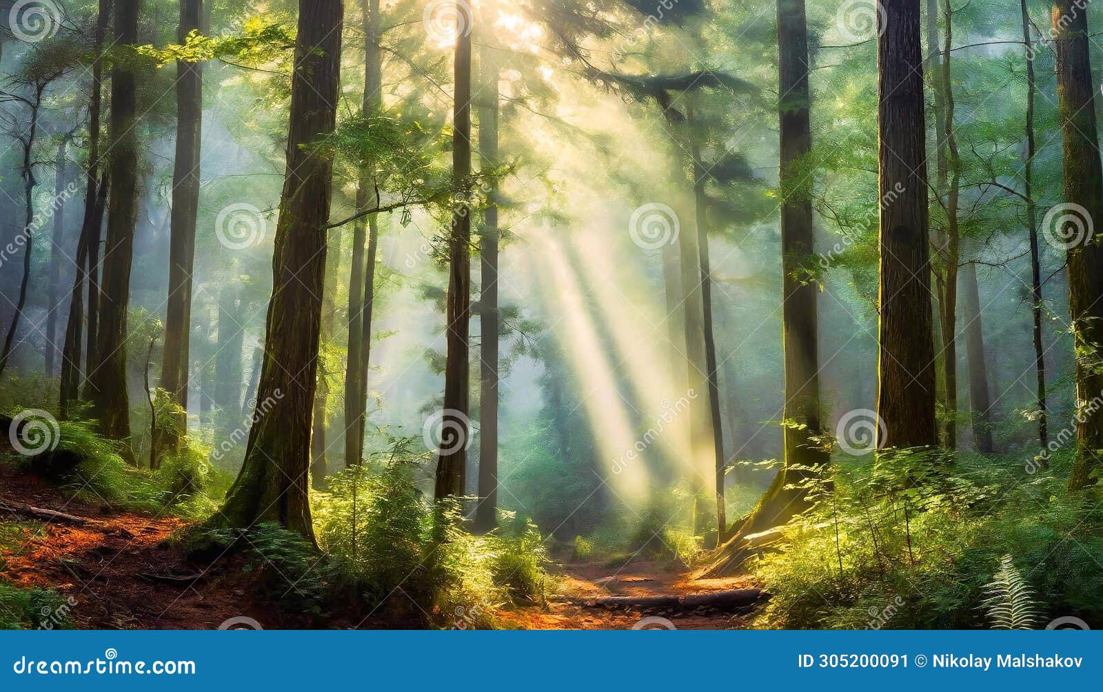 Sunlight in the Green Forest with Sun Rays Shining through the Trees ...
