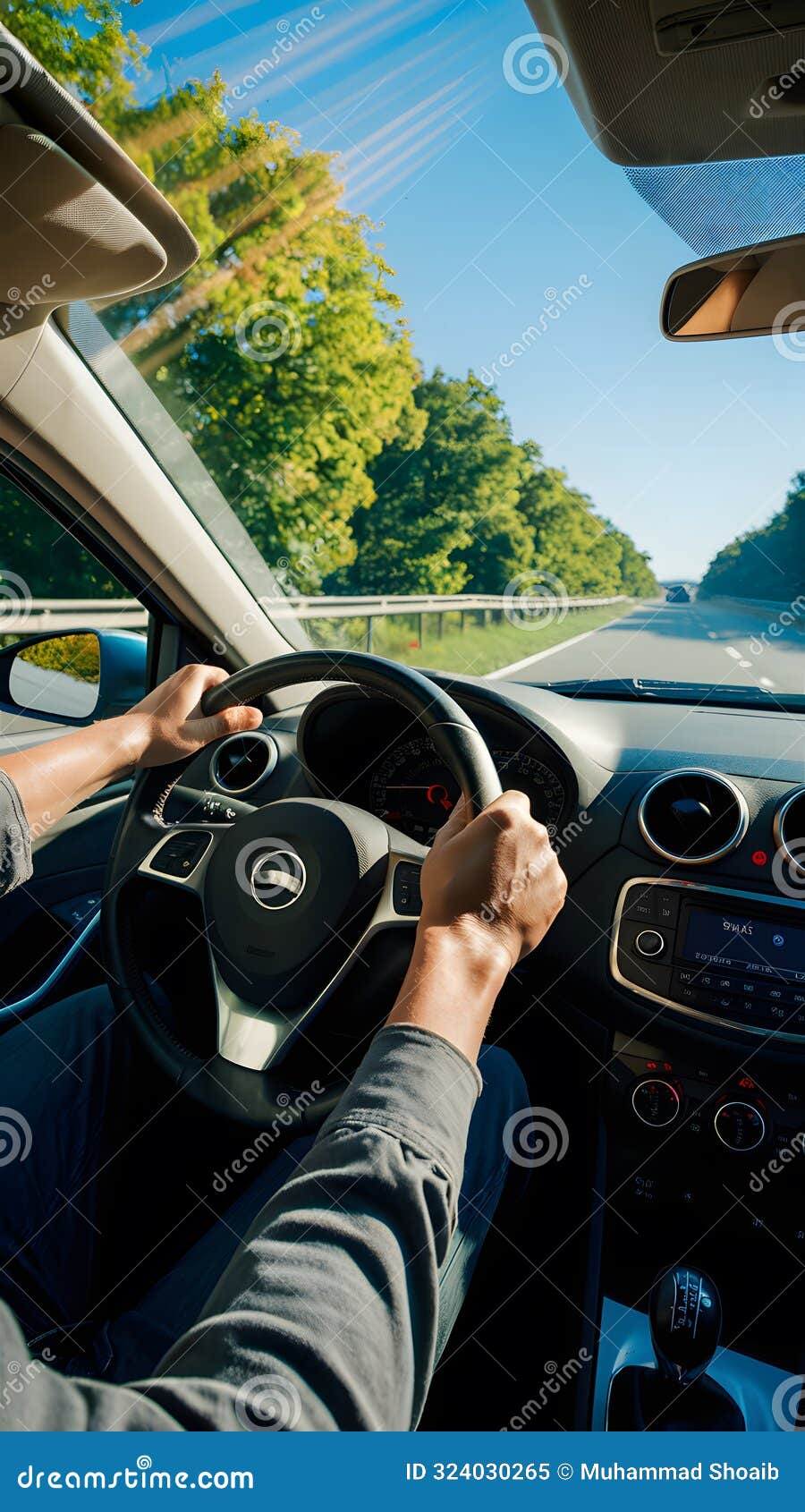 Sunlight Illuminates Car Dashboard and Driver on Tree Lined Highway ...