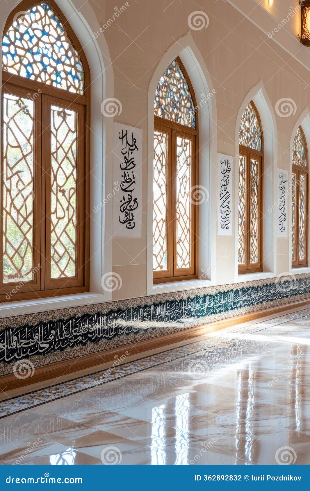 Sunlight Illuminating Calligraphy and Ornate Windows in Mosque Corridor ...