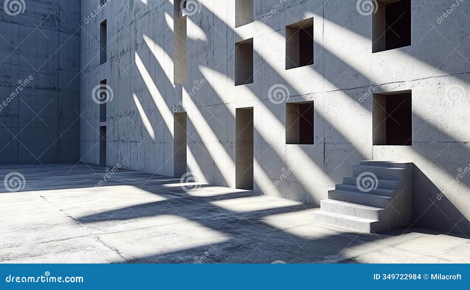 Sunlight Illuminating Concrete Stairs and Doors in Modern Building ...