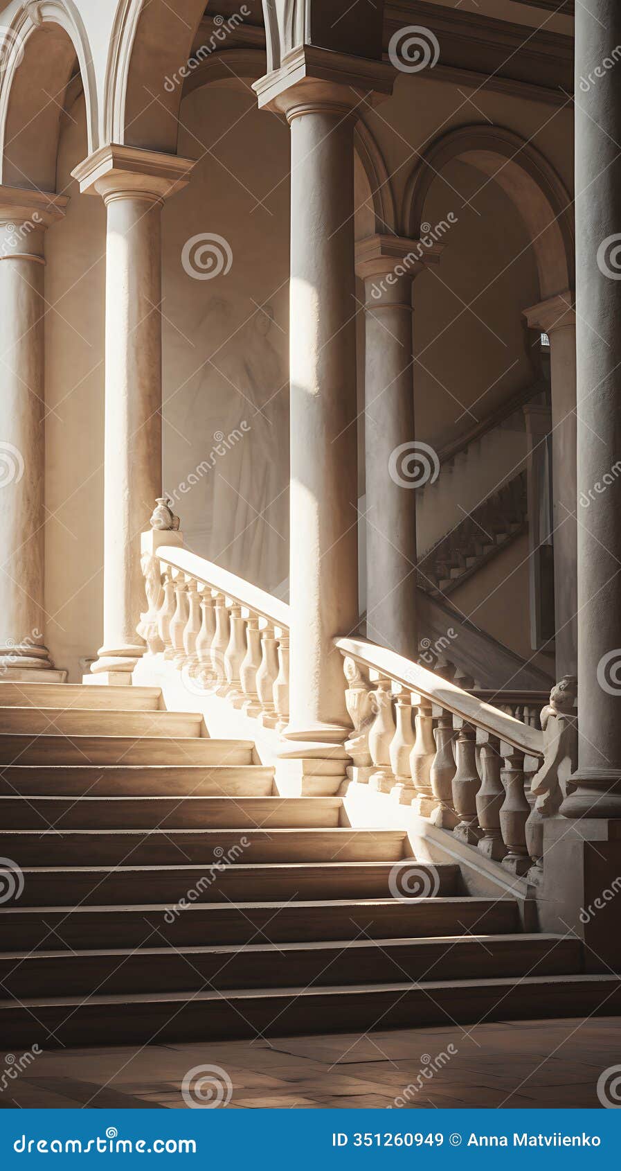 Sunlight Illuminating Grand Staircase with Classical Columns and ...