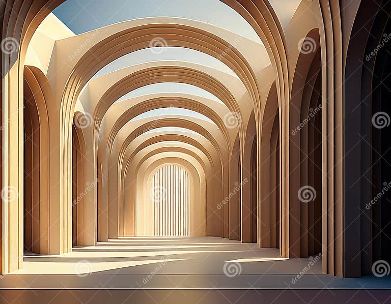 Sunlight Illuminating Long Corridor with Arches and Columns Stock ...