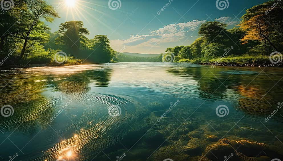 Sunlight Glistens on the Tranquil Surface of a Forest River Stock Image ...