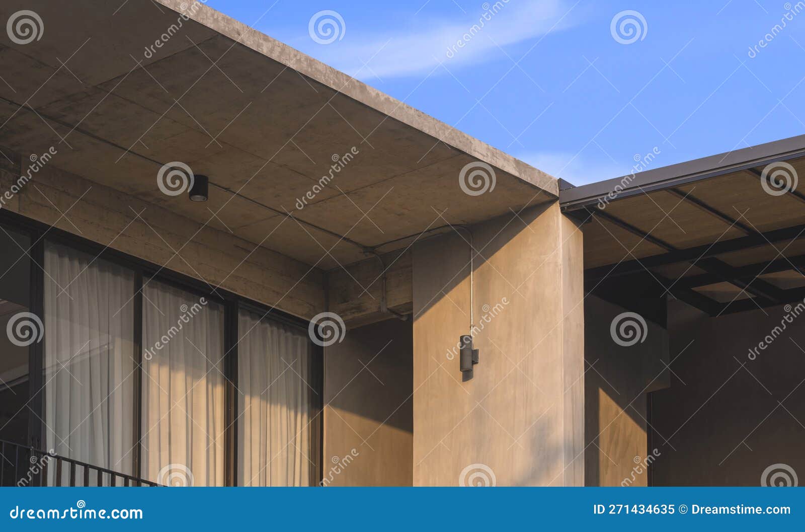 Sunlight and Shadow on Balcony of the Old Modern Loft House with Blue ...