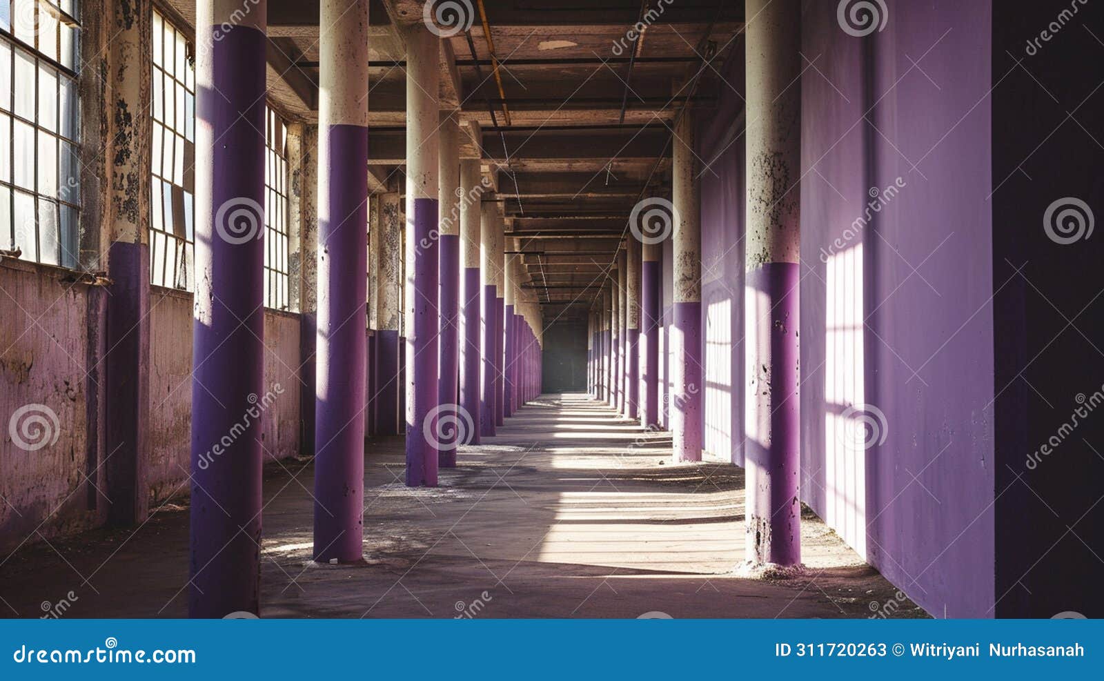 The Sunlight Shines through Columns in a Long and Lilac Corridor ...