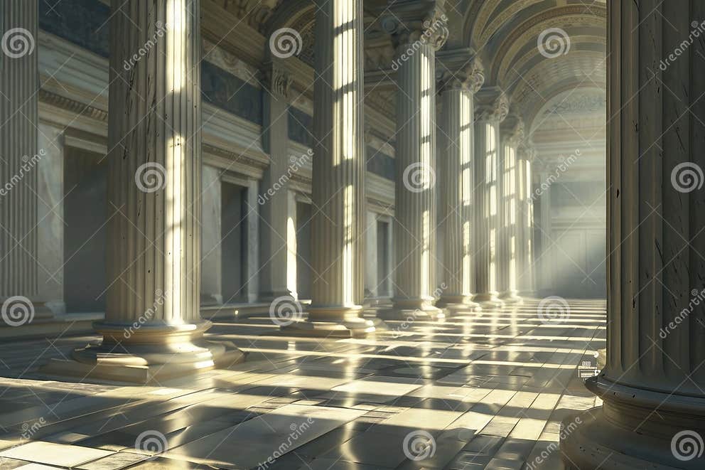 Sunlight Shines through Tall Columns, Casting Shadows and Creating a ...