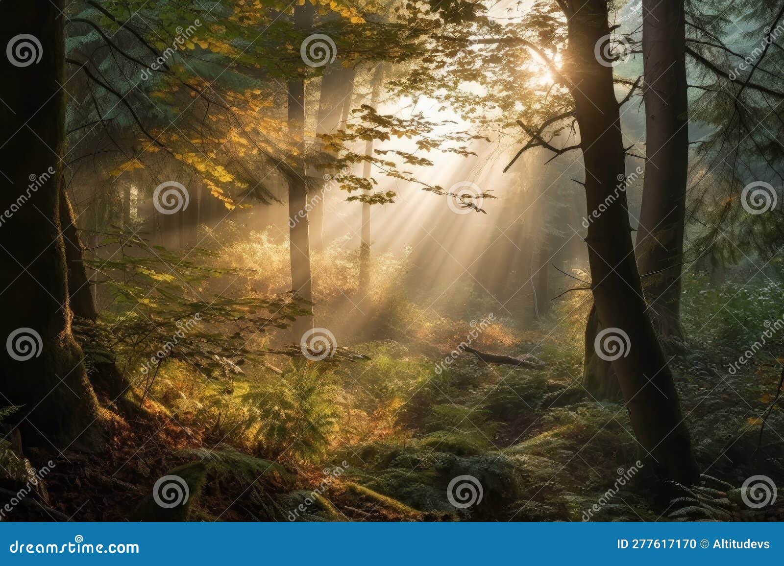 Sunlight Shining through the Mist, a Forest in Golden Light Stock ...