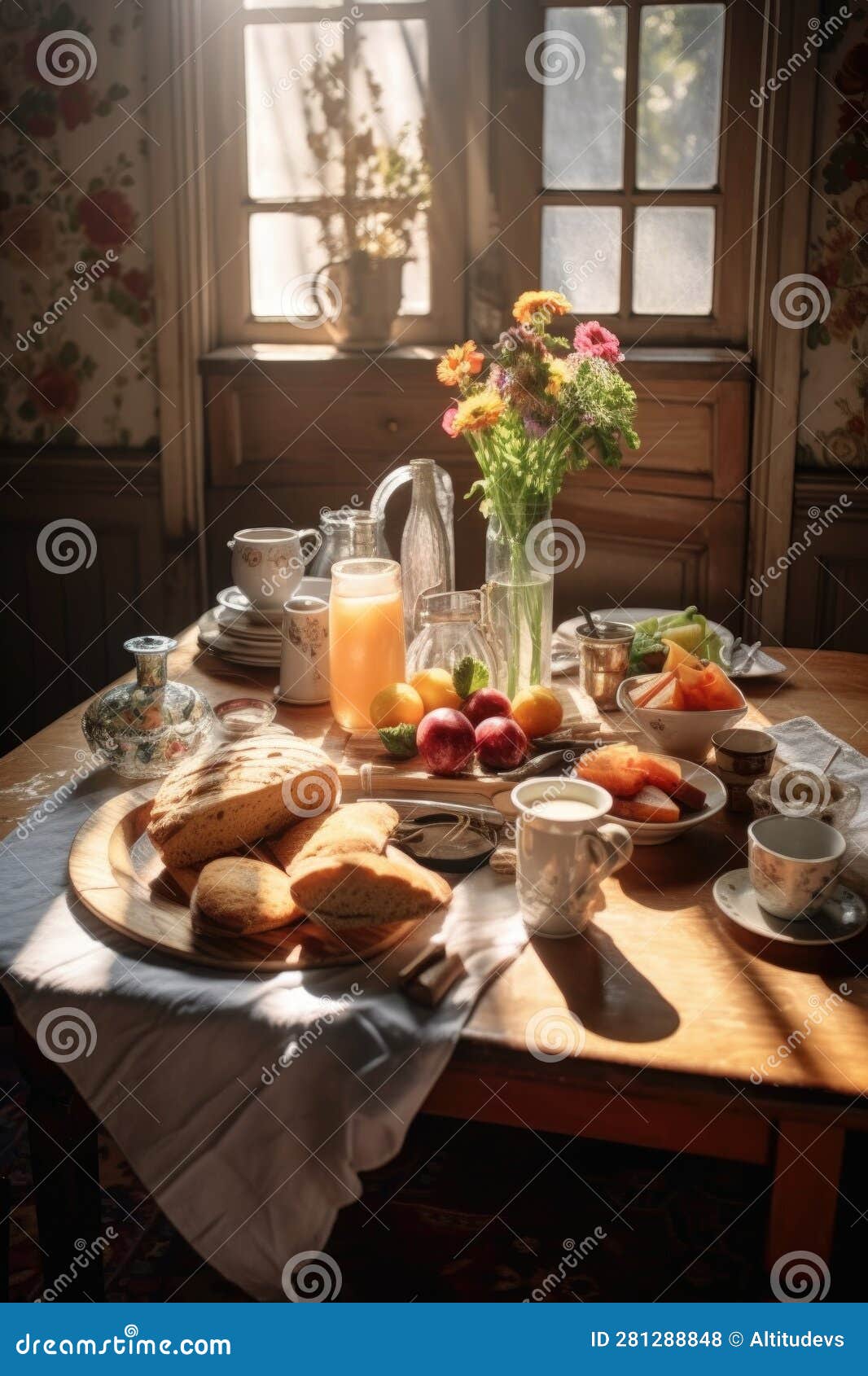 Sunlight Shining on a Table with a Breakfast Spread Stock Illustration ...