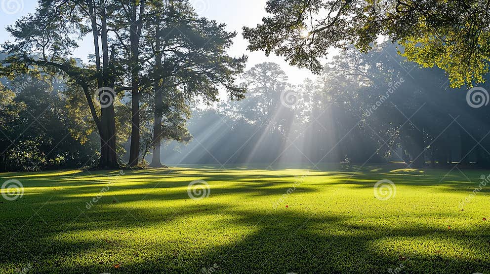Sunlight Shining through Trees in a Forest Clearing Stock Illustration ...