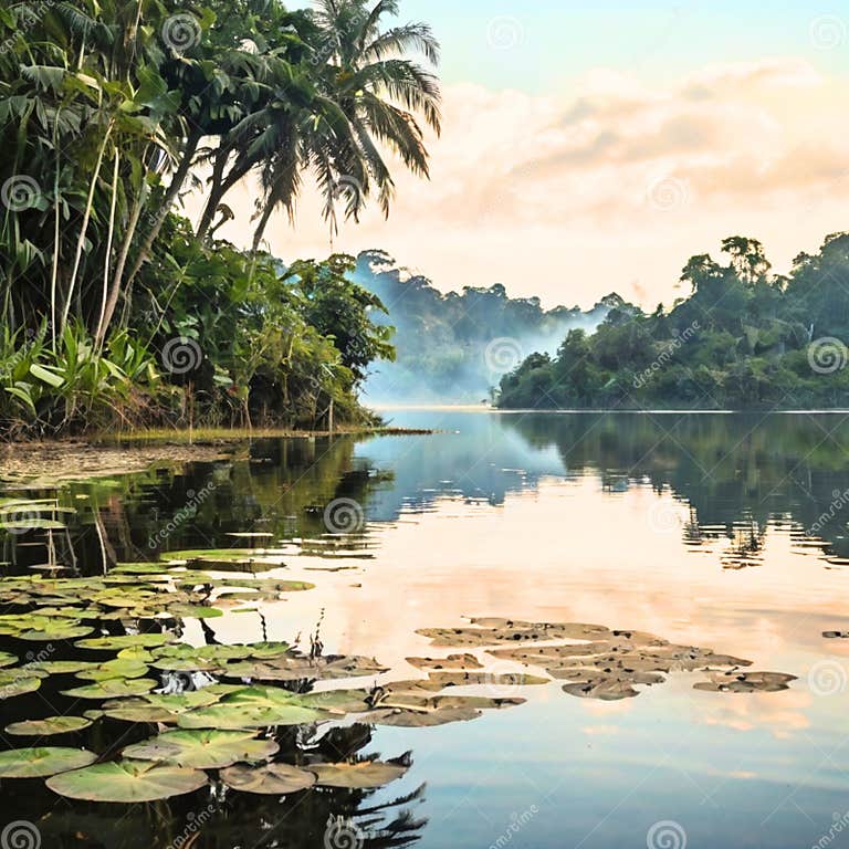 Sunlight Shining through Trees on River in Amazon Rainforest Stock ...