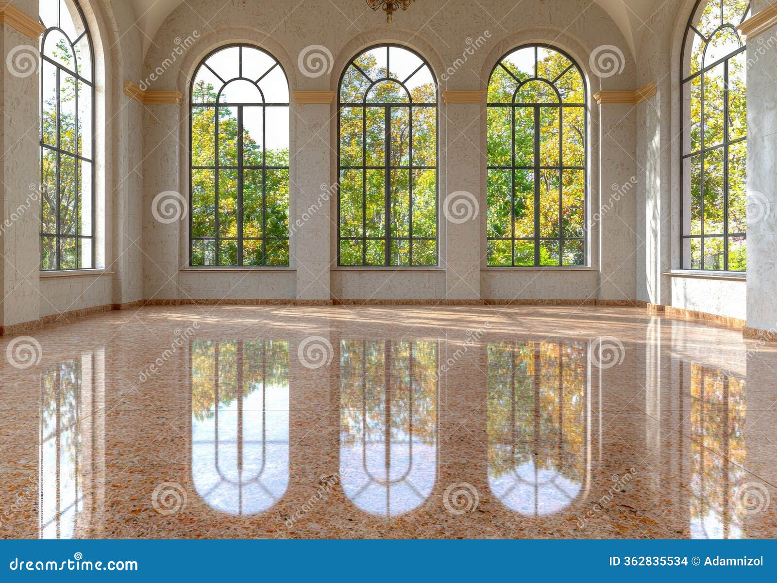 Sunlight Streaming through Arched Windows Illuminates a Grand, Empty ...