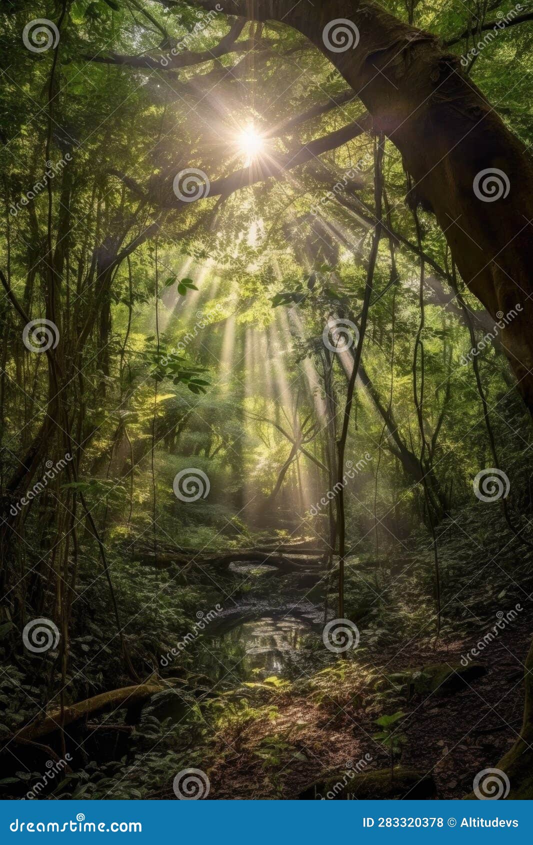 Sunlight Streaming through Dense Forest Canopy Stock Illustration ...