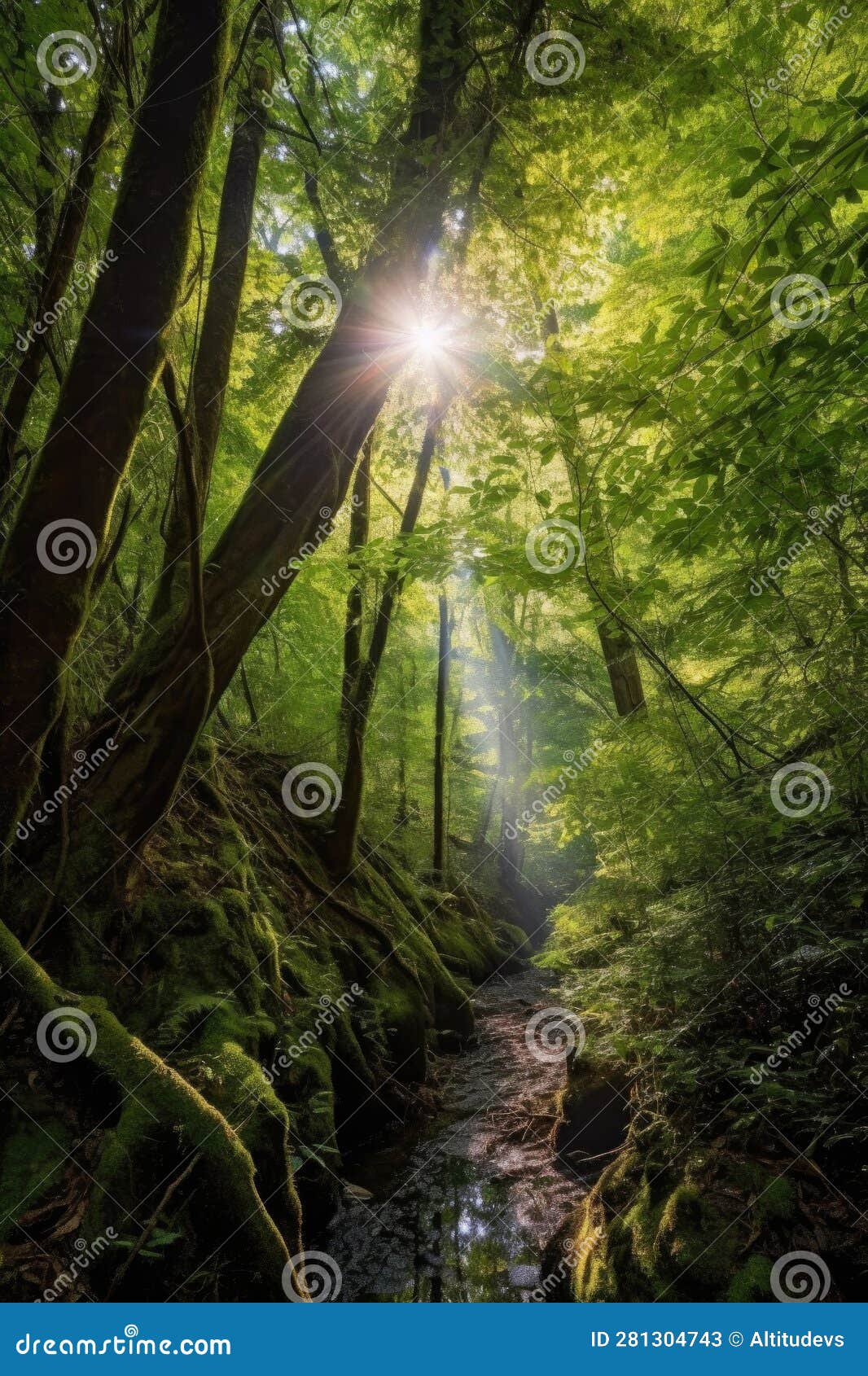 Sunlight Streaming through a Forest Canopy Stock Illustration ...