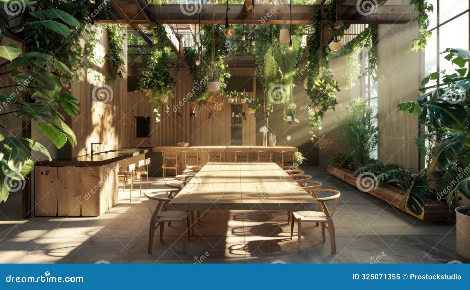 Sunlight Streaming through Greenery in a Modern Dining Room Stock Image ...
