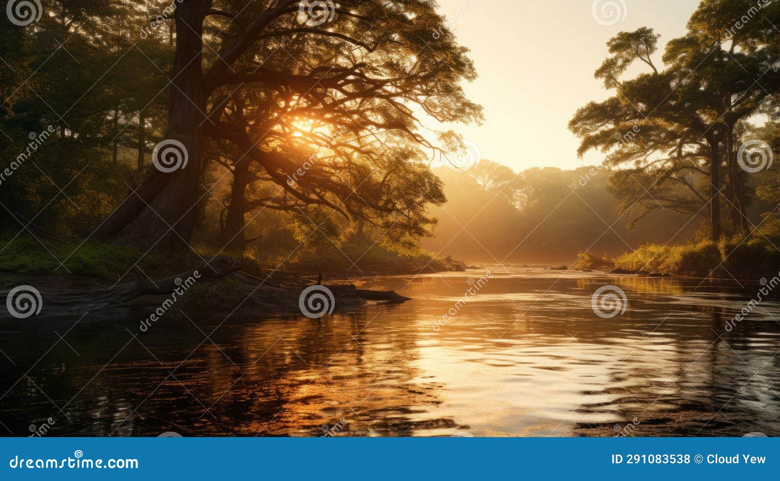 Sunlight Streaming through Trees Onto Water Stock Illustration ...