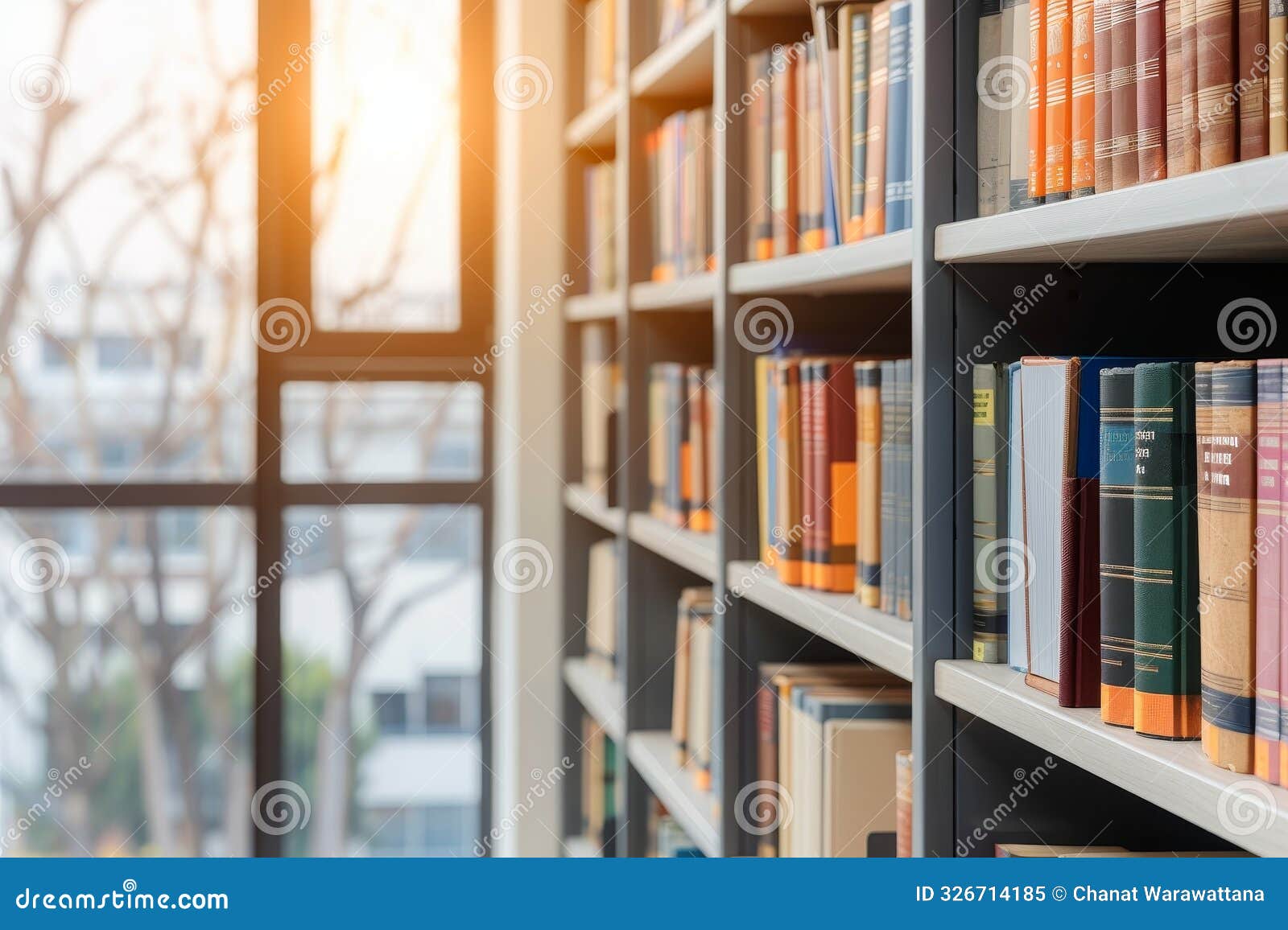 Sunlight Streaming through Window in Modern Library with Bookshelves ...
